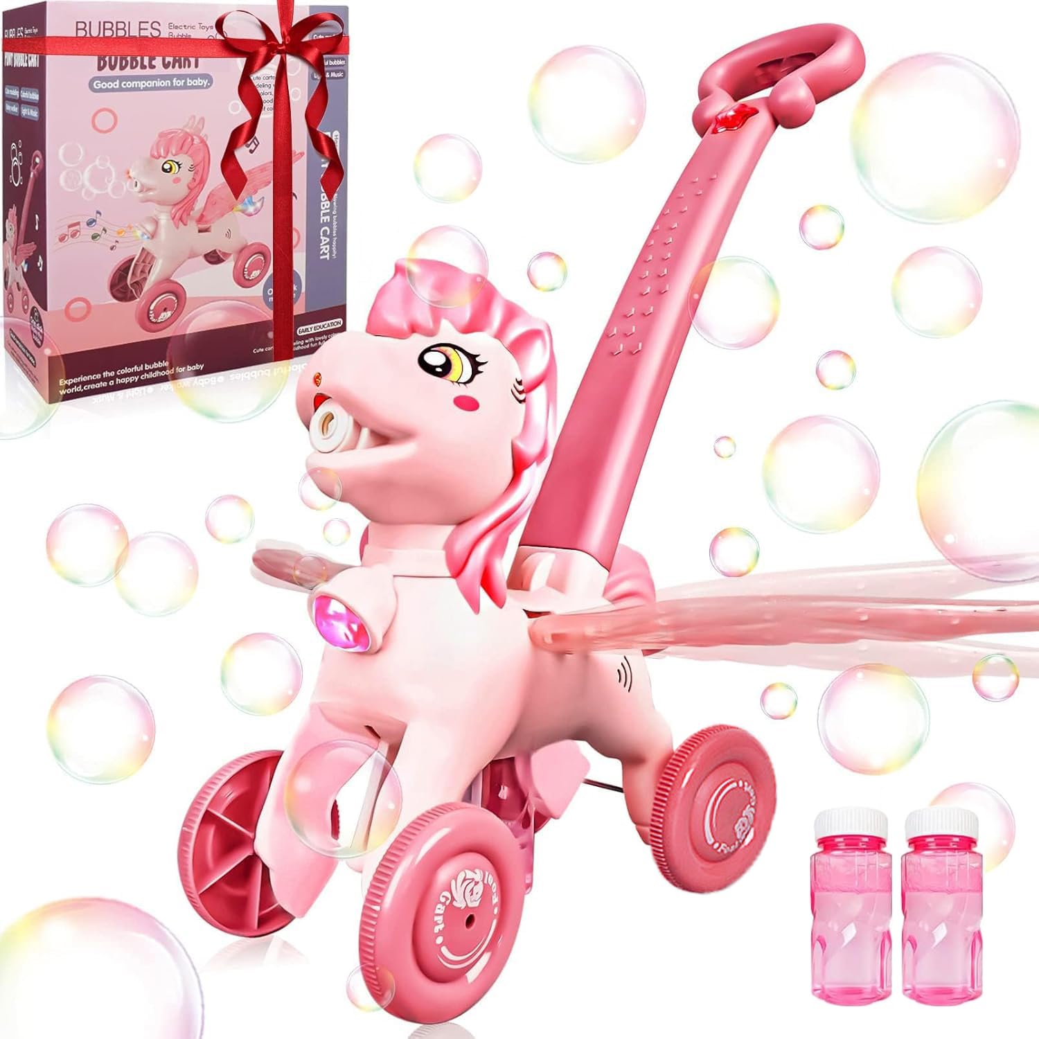 Pink Bubble Machine Blower Maker Lawn Mower Walking Toy Christmas Bask ...
