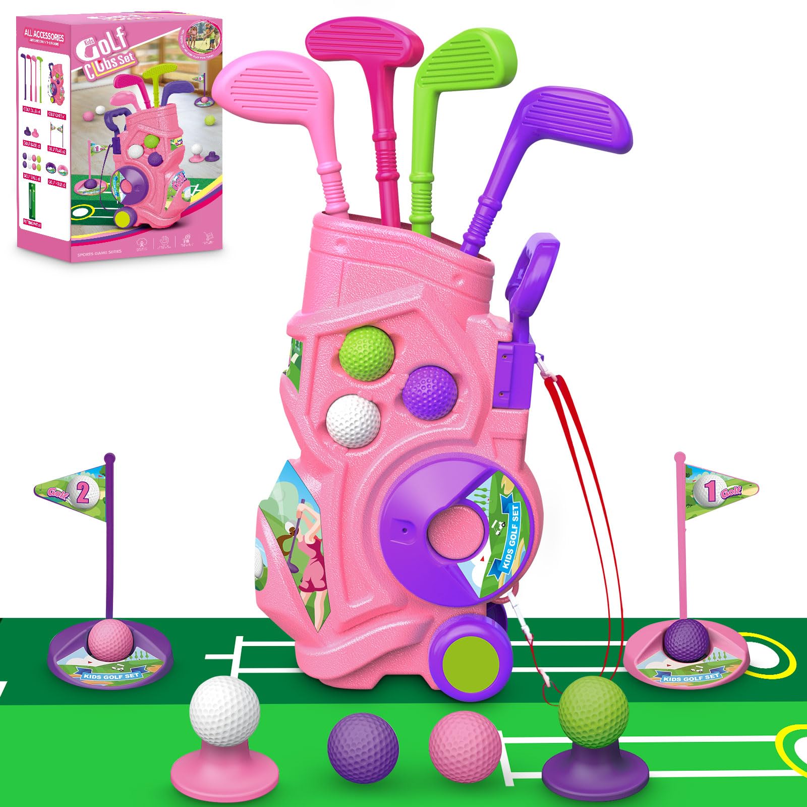 Letapapa Toddler Golf Set - 4 Clubs, 8 Balls, Putting Mat, Medium, Pin ...
