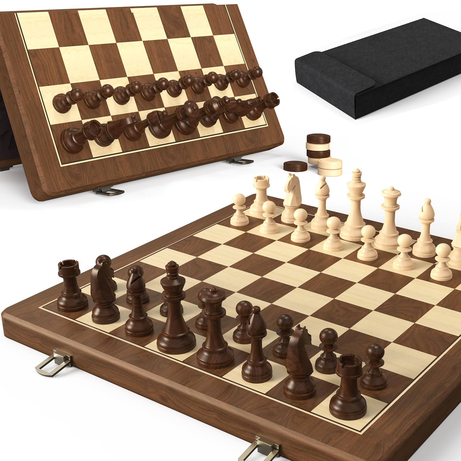 doowroodni Premium Natural Walnut 15" 2-in-1 Magnetic Chess & Checkers ...
