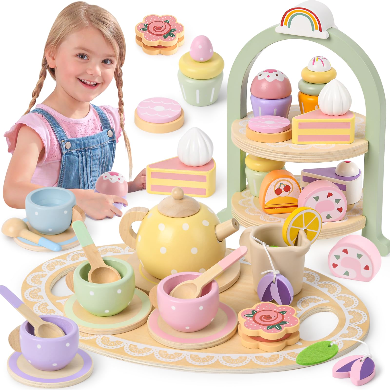 Lonico Wooden Tea Party Set for Girls, Colorful Toddler Play Kitchen A ...