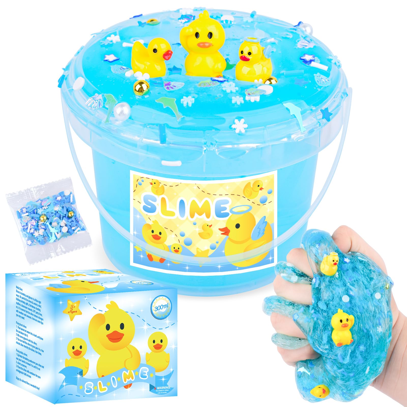 Blue Crunchy Crystal Slime with 3 Yellow Duck Charms, Ocean Series Big ...