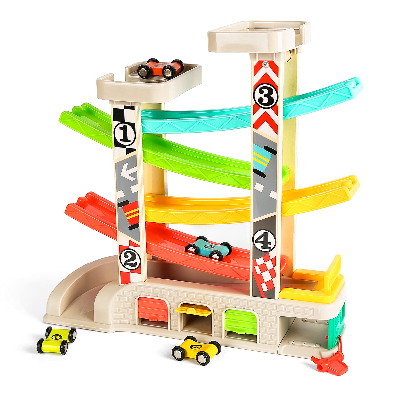 TOP BRIGHT Car Ramp Toy Set for Toddlers - Includes 4 Cars, Parking Lo ...