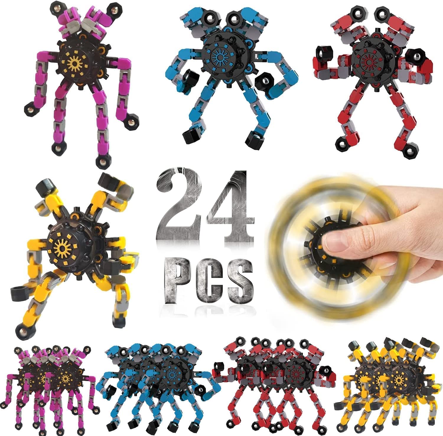 24 Pack Funny Sensory Fidget Toys,Deformable Chain Diy Robot Spinners ...