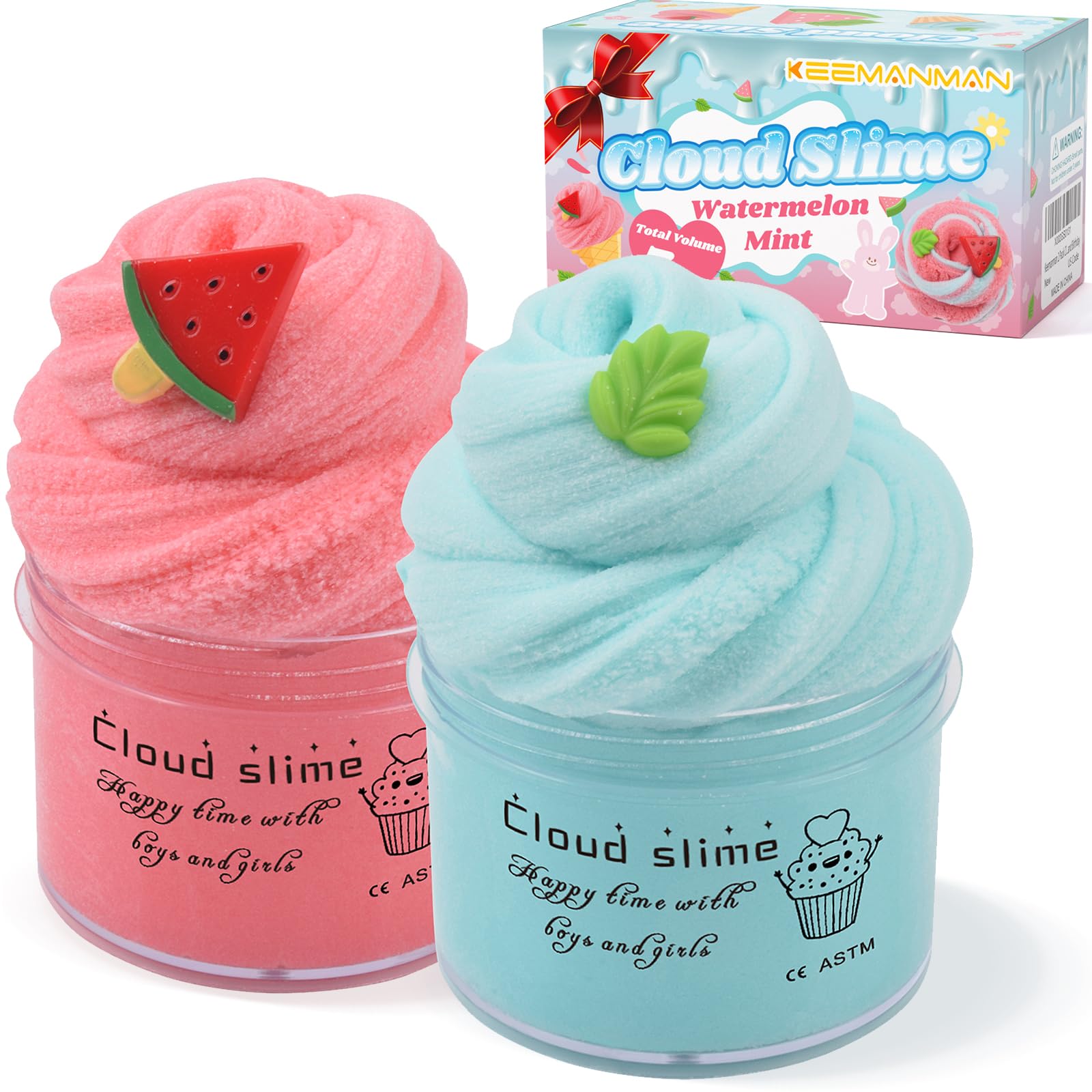 2 Pack Cloud Slime Kit With Red Watermelon And Mint Charms, Scented Di ...