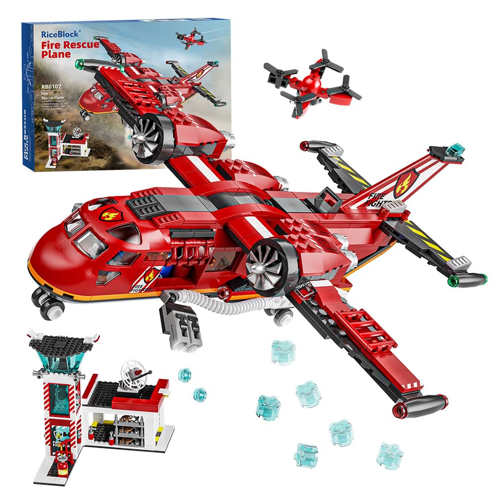 RiceBlock City Fire Rescue Plane Building Set, 691pcs, Red, Plastic, M ...