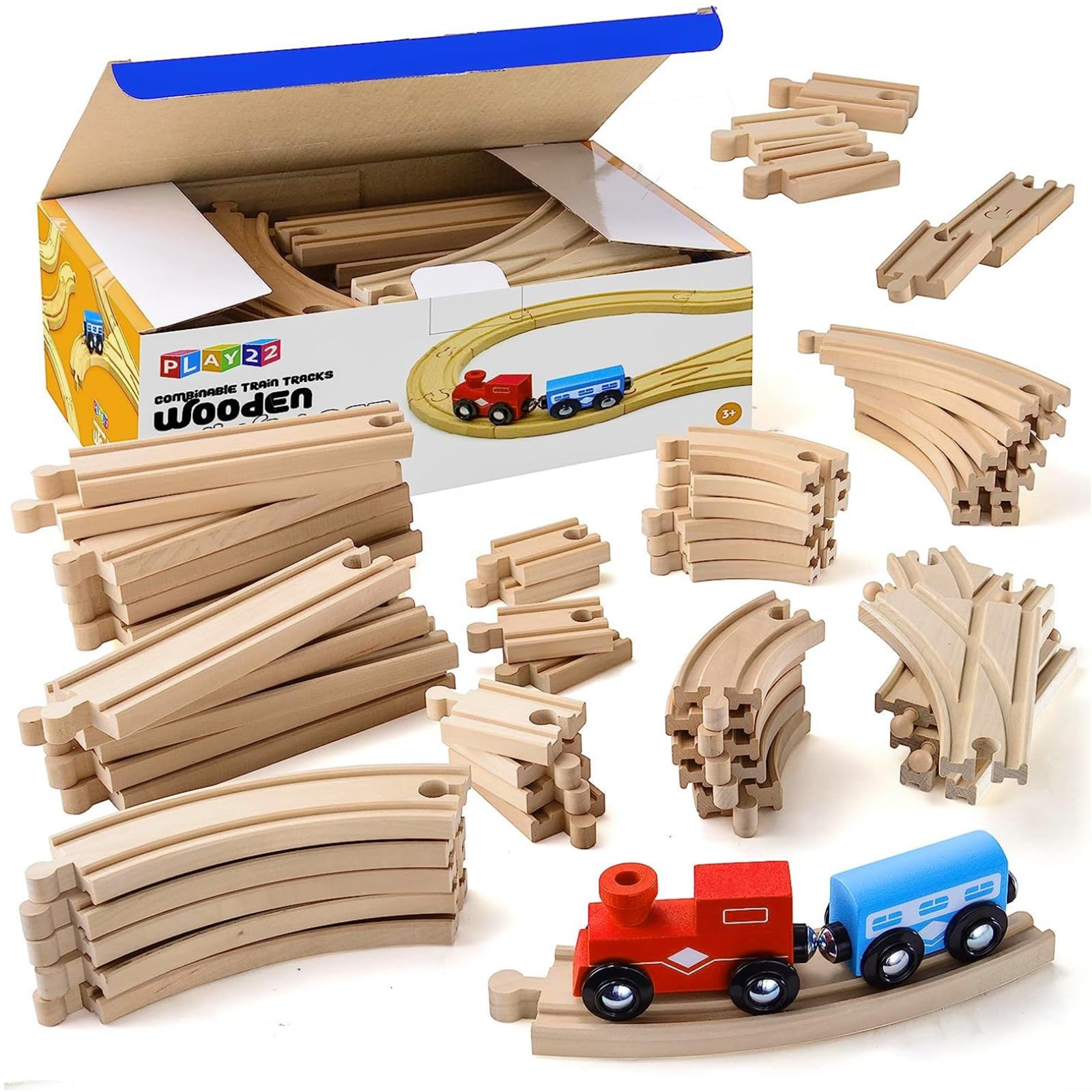 Play22 Wooden Train Tracks - 52 Pcs + 2 Bonus Car Toy Trains - For Kid ...