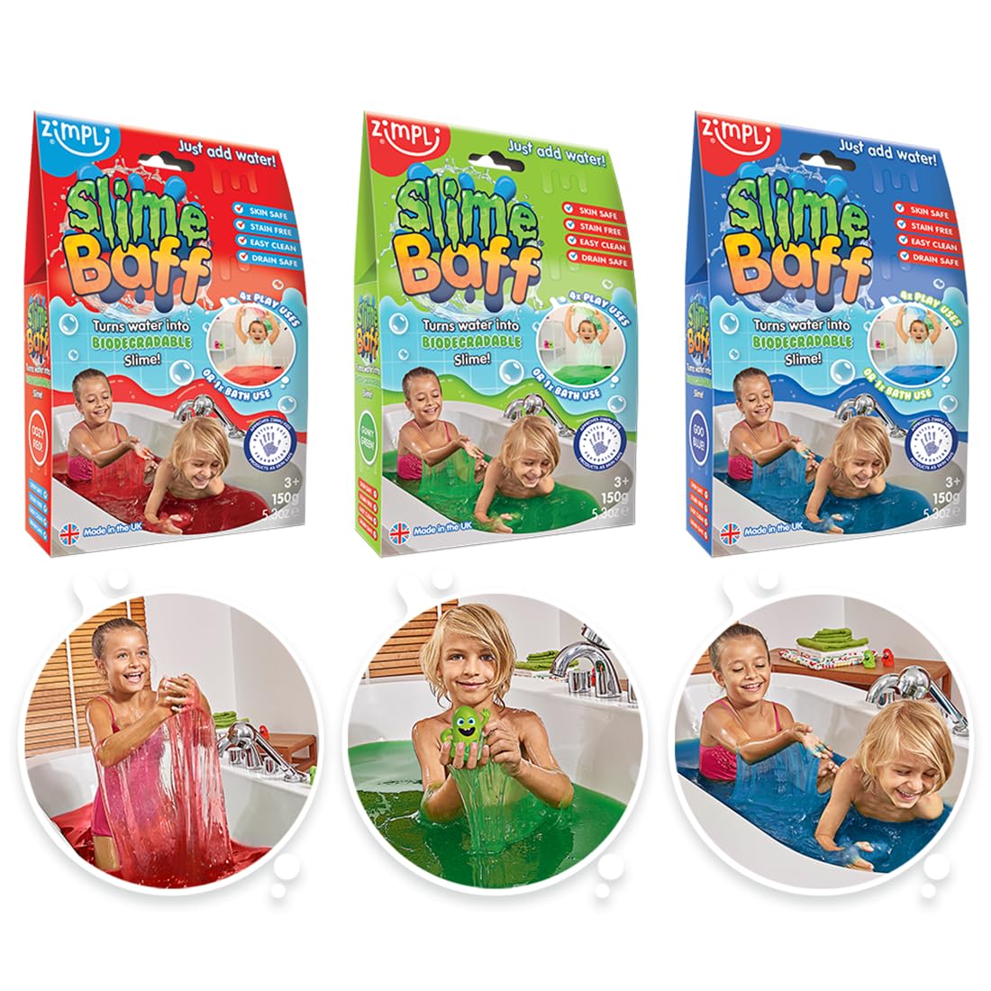 3 X Slime Baff Bundle From Zimpli Kids, Red, Green & Blue, Magically ...