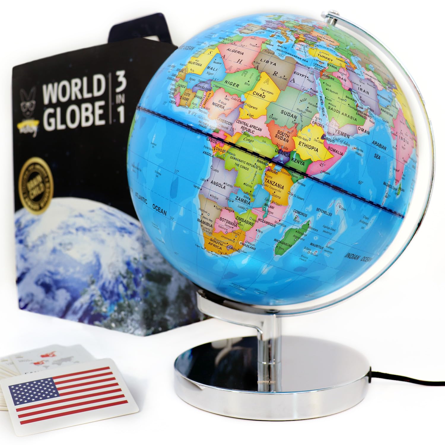 SMART WALLABY 9" Illuminated Kids World Globe with STEM Flags & Card G ...