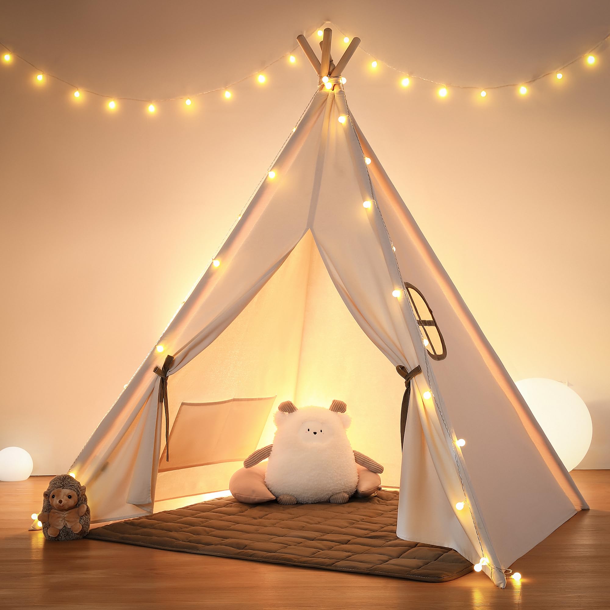 besrey Kids Tent Teepee Play Tent with Lights, Padded Cotton Mat, Off ...