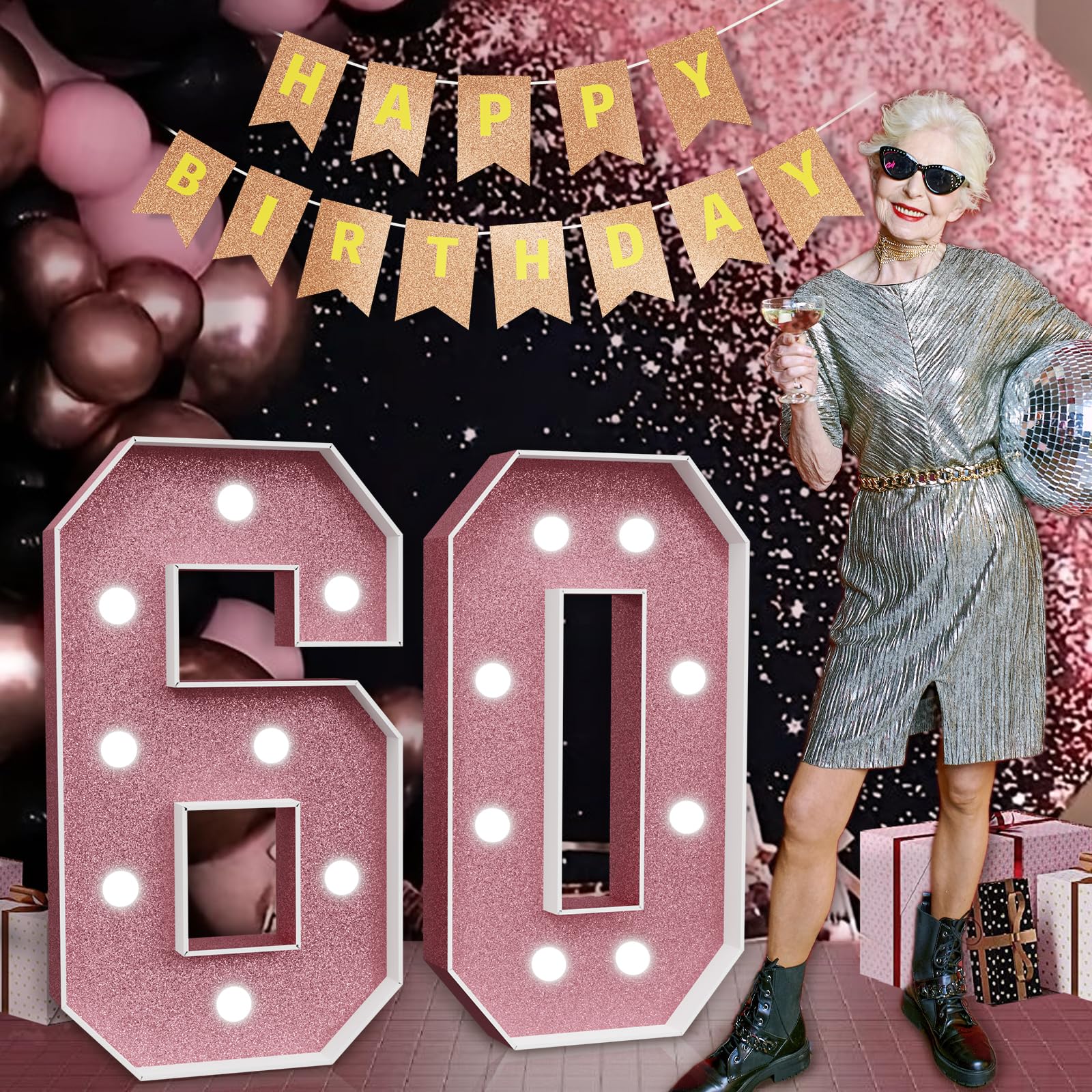 Imprsv Marquee Numbers Pink 60Th-Birthday Decorations: Large 3Ft Light ...