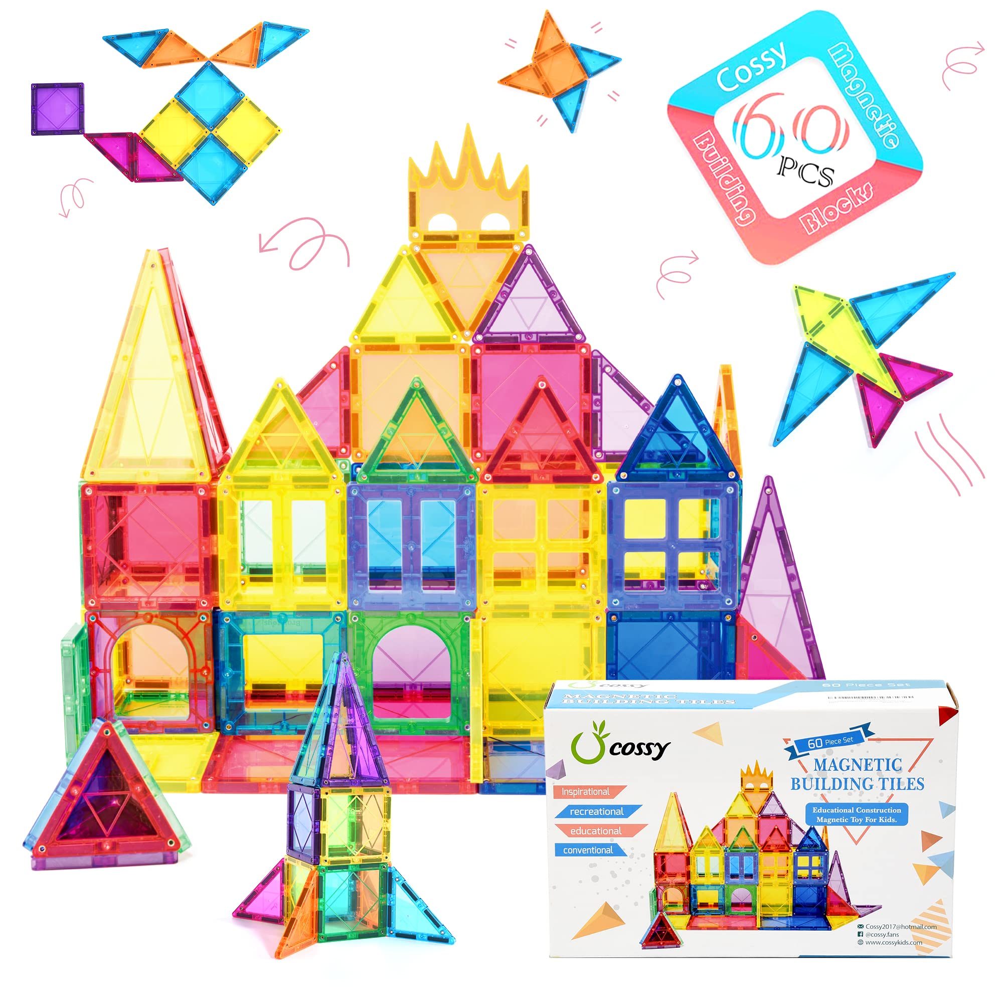 Cossy 60 Pcs Magnet Tiles Magnetic 3D Building Blocks Set Educational ...