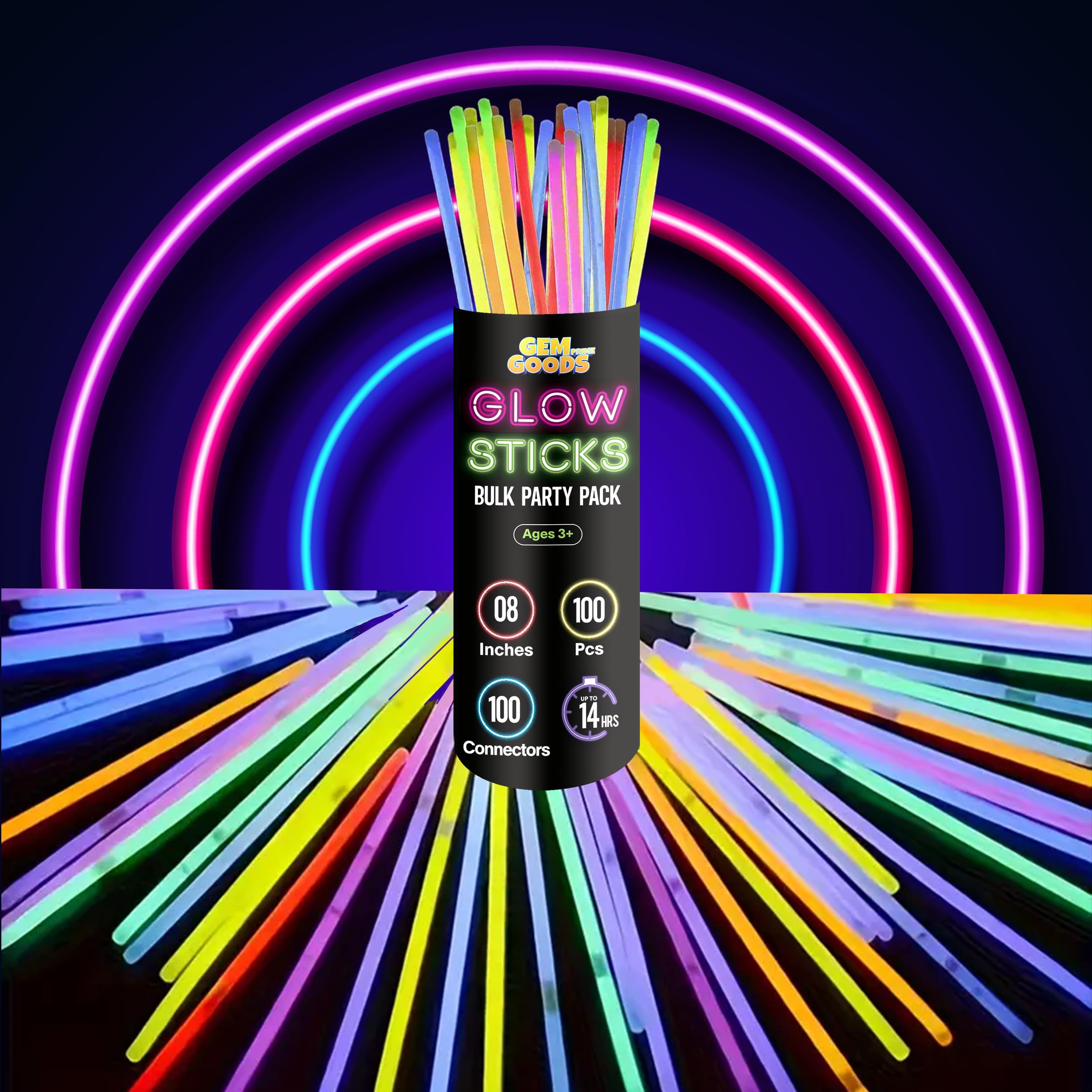GemPrime 100 Pcs Glow Sticks Bulk Party Pack - 8 Glow in the Dark Party ...