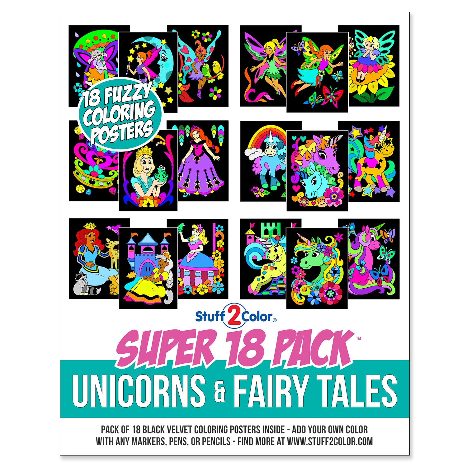 Super Pack of 18 Fuzzy Coloring Posters (Unicorns & Fairy Tales Edition ...