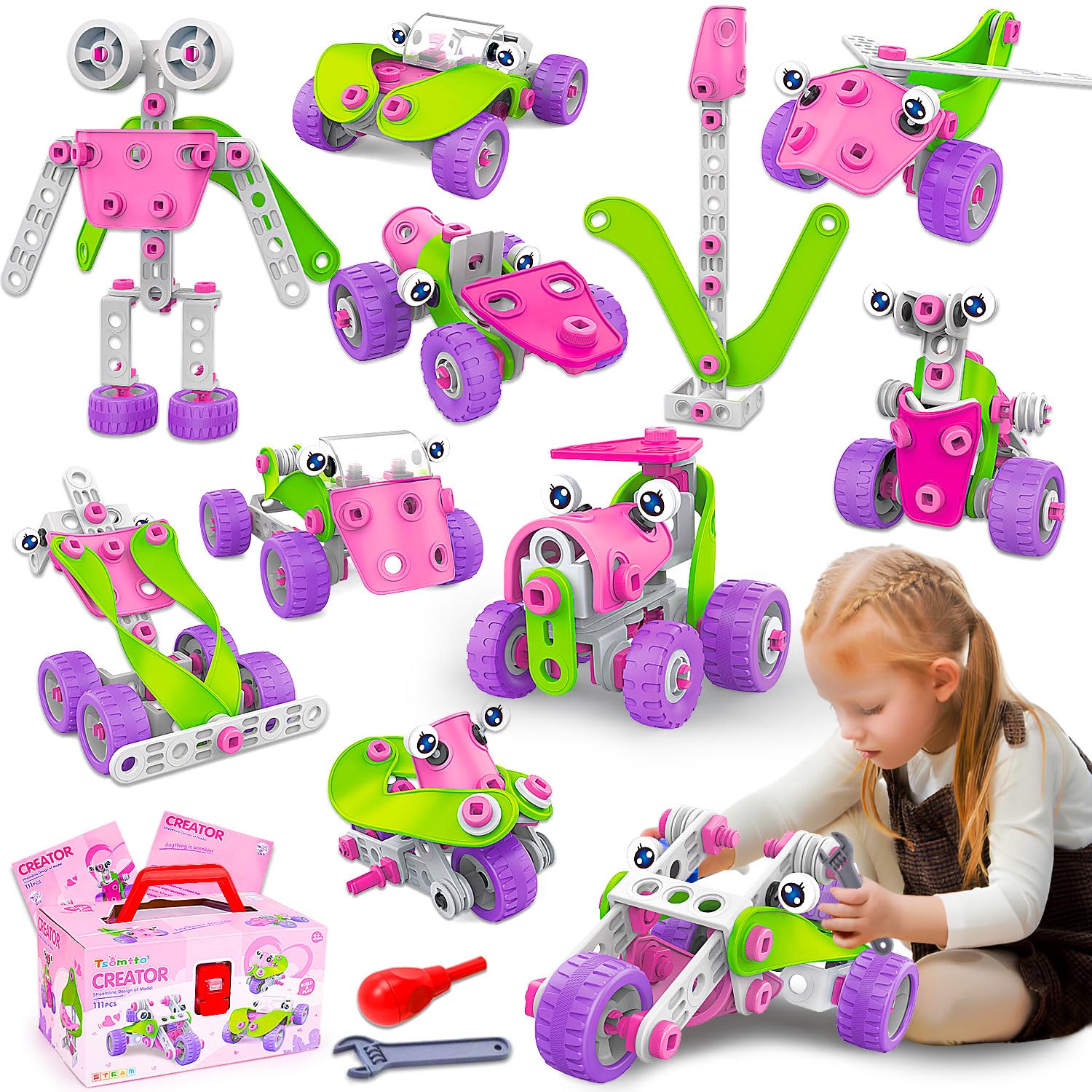 Tsomtto STEM Toys for Girls 4-8 Years - Pink Educational Building Set ...