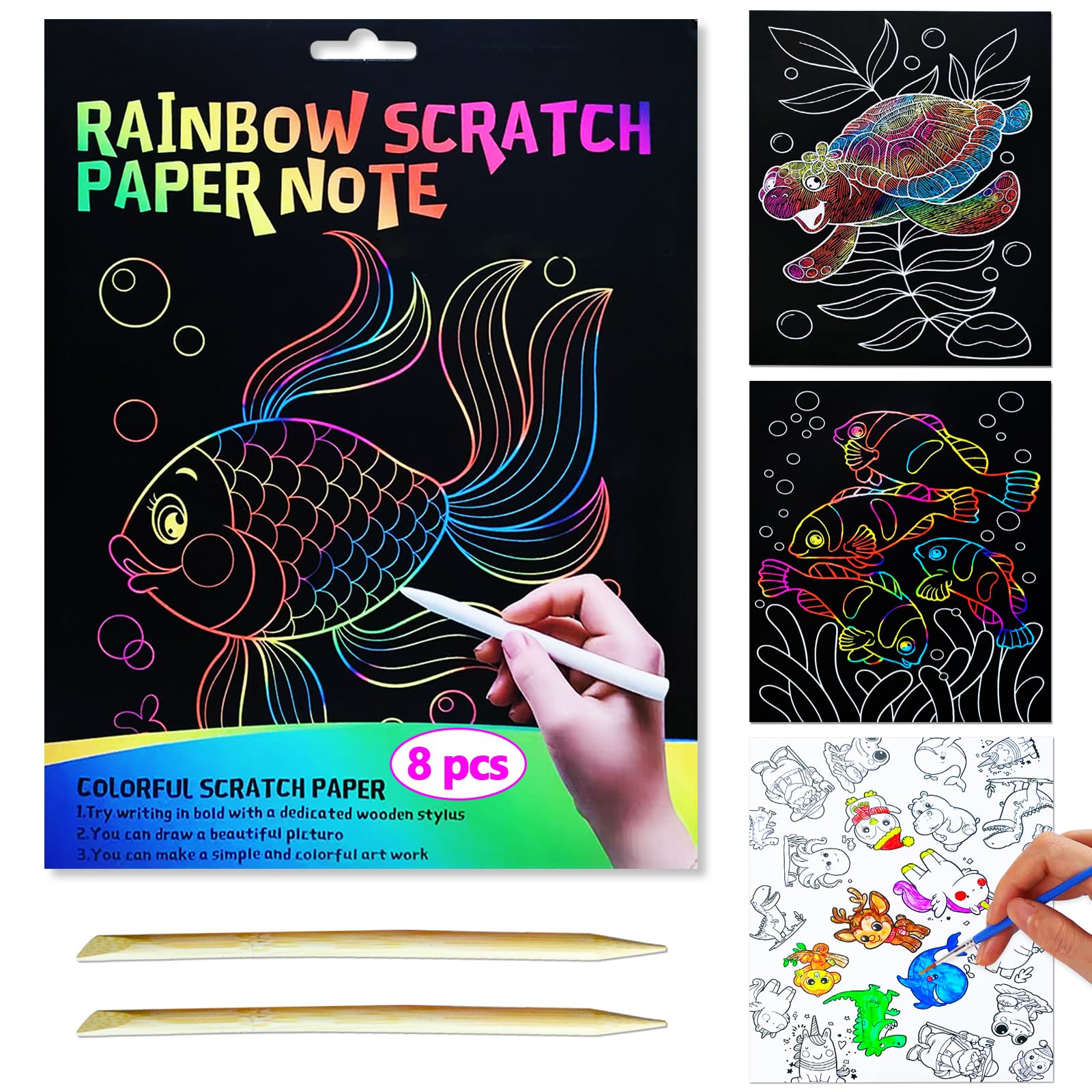 JUNQIU Scratch Art for Kids, Rainbow Scratch Paper Art Set - Ocean ...