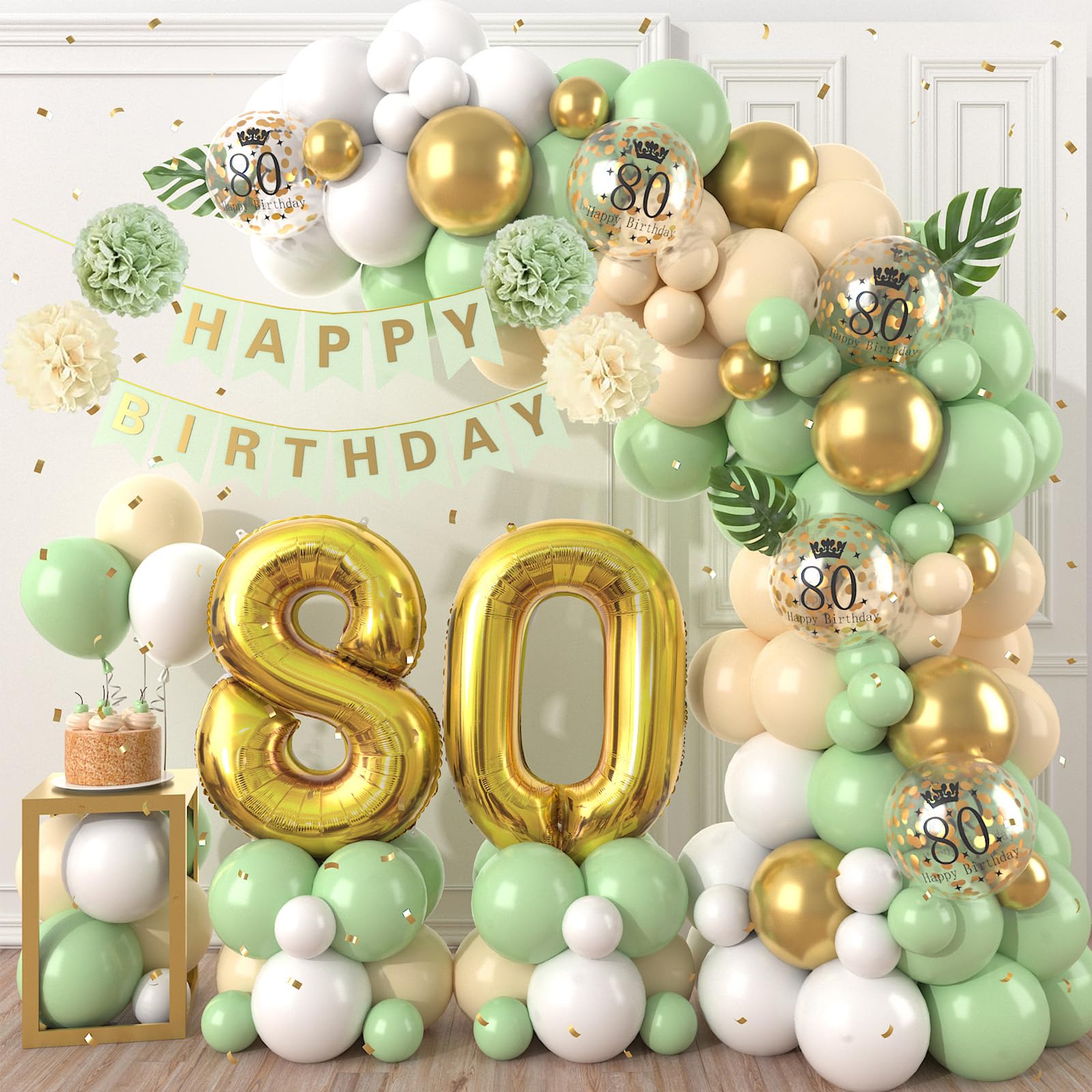 80Th Birthday Decorations Sage Green,80Th Birthday Balloon Garland Par ...