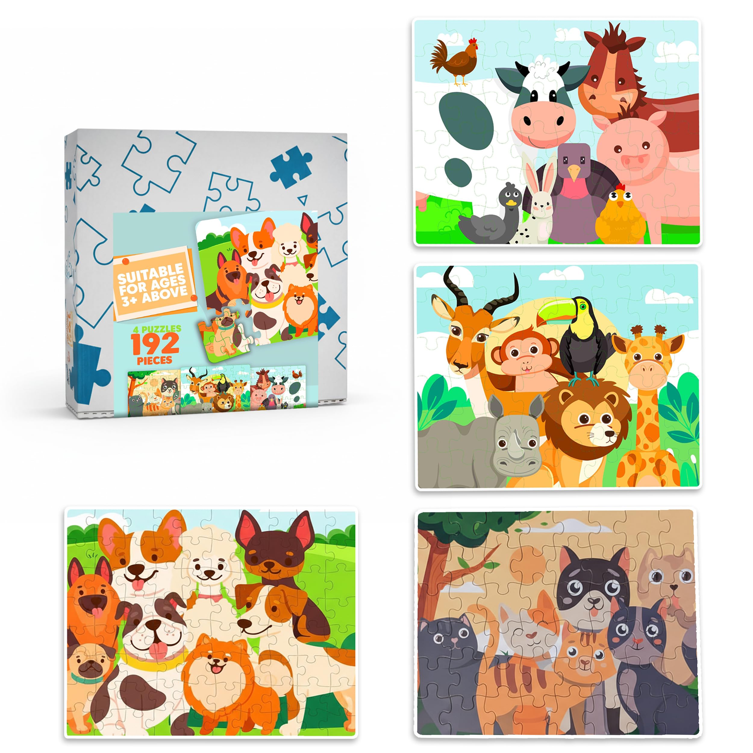 Jumbo Wooden Floor Puzzle for Kids Ages 3-5 - 4 Pack Animal Puzzles, 48 ...