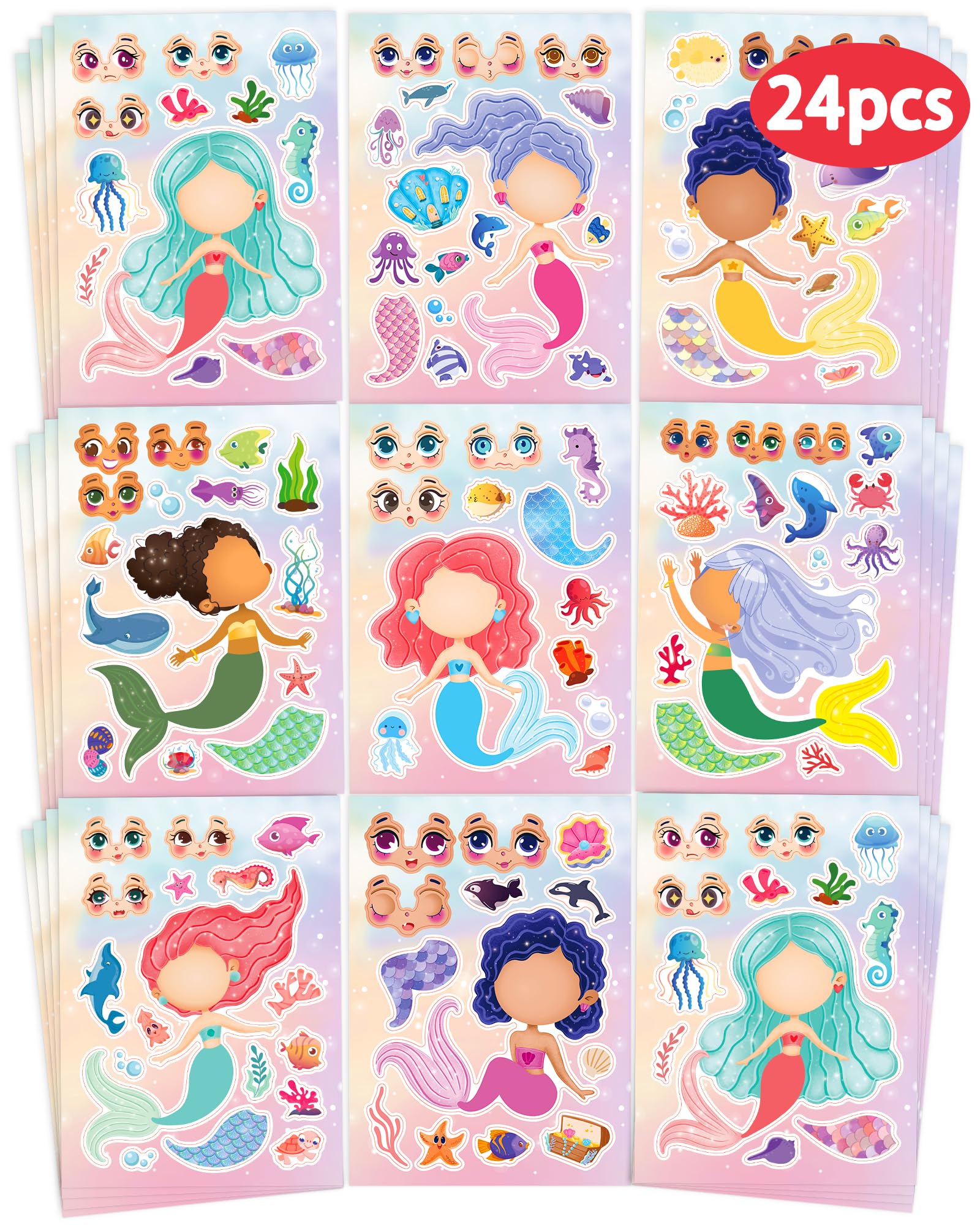 24 Pcs Make Your Own Mermaid Sticker Sheets For Kids With Mermaid Face ...