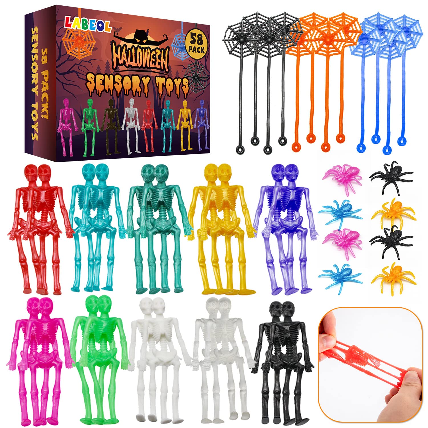 Labeol 36PCS Halloween Stretchy Toys Party Favors Skeleton Bat Pumpkin ...