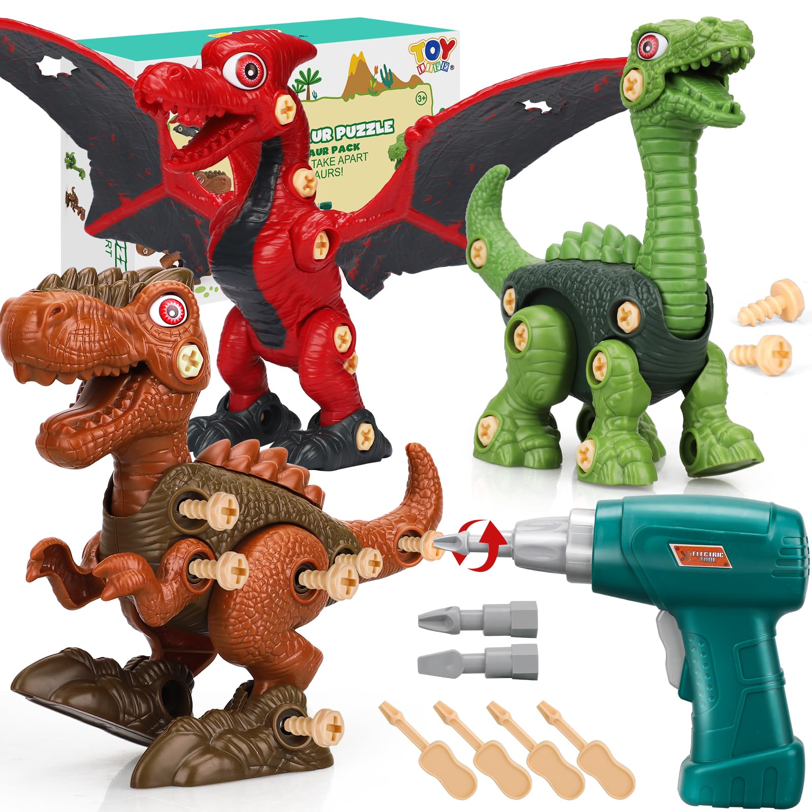 TOY Life 3-Pack Take Apart Dinosaur Toys for Kids 3 5 7 Kids Dinosaur ...