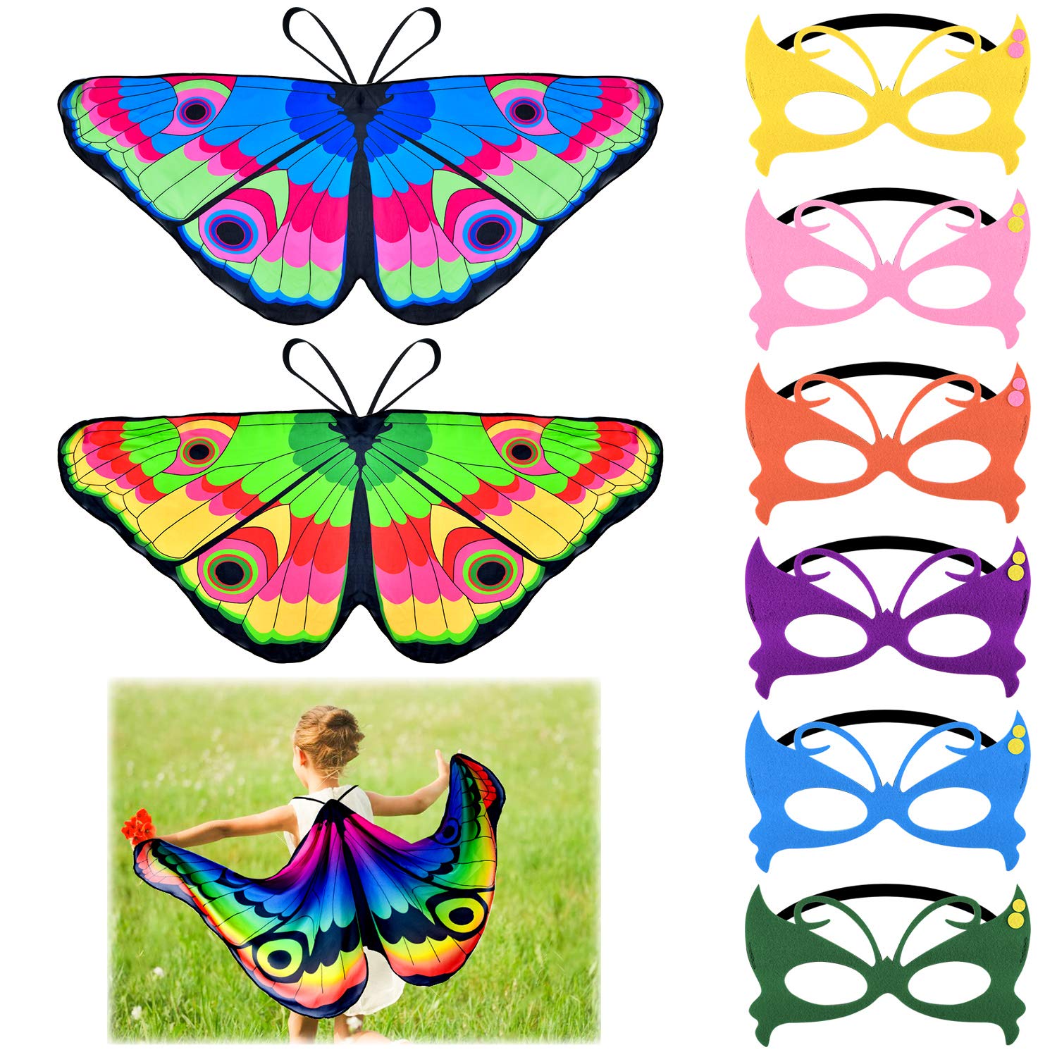 9 Pieces Kids Butterfly Costume Fairy Butterfly Wings Masquerade Masks ...