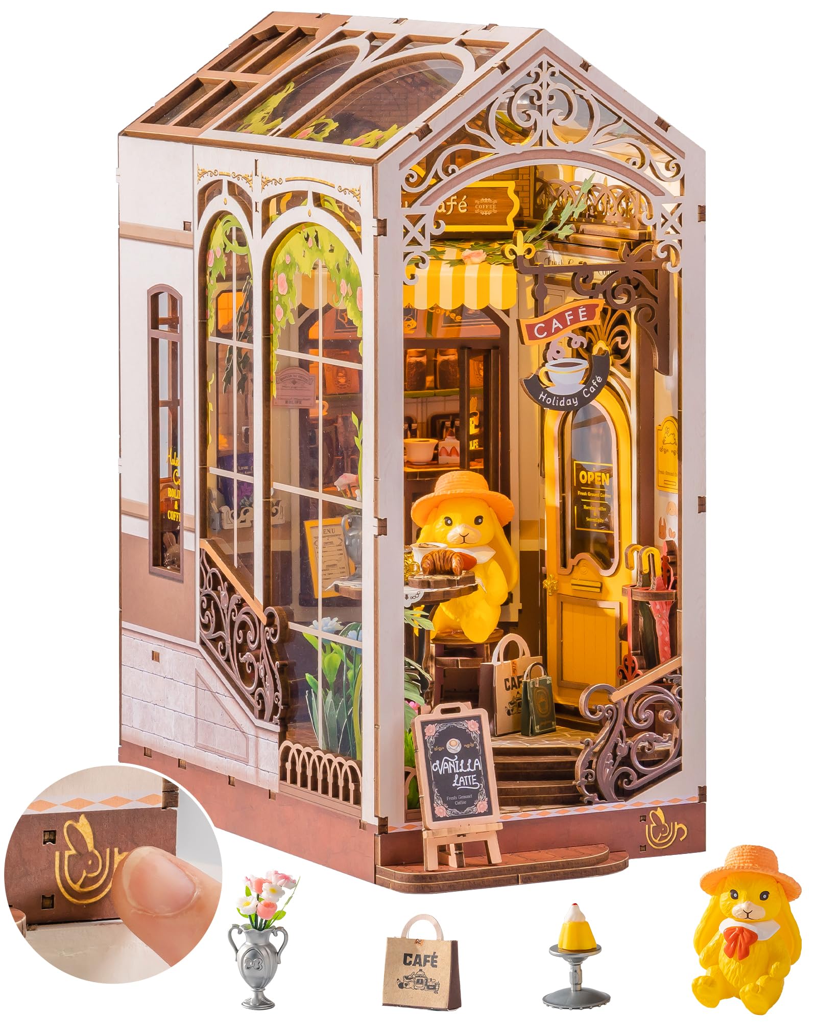 ROBOTIME DIY Book Nook Kit, 3D Wooden Puzzle Coffee Shop, LED Light, 1 ...